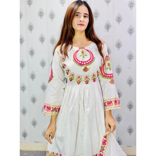 Women's block printed Long Frock 3-Piece Suit - Buyon.pk