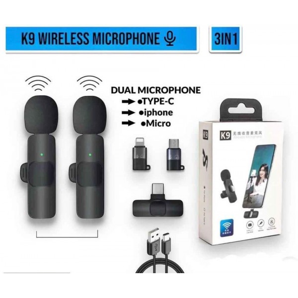 K9 Wireless Microphone Dual Mic 3 in 1 for android iphone and type c # ...