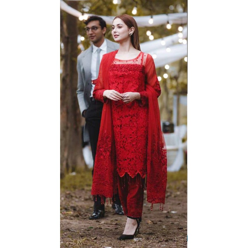 Beautiful red embroidered dress in net fabric